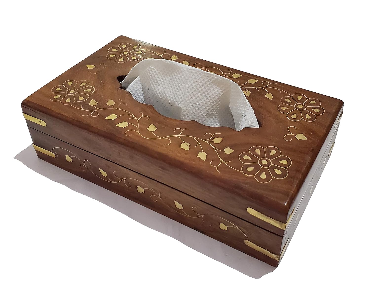 Pure Source India Tissue Box with Brass Inlay Work On Wood, 1 Pcs ...