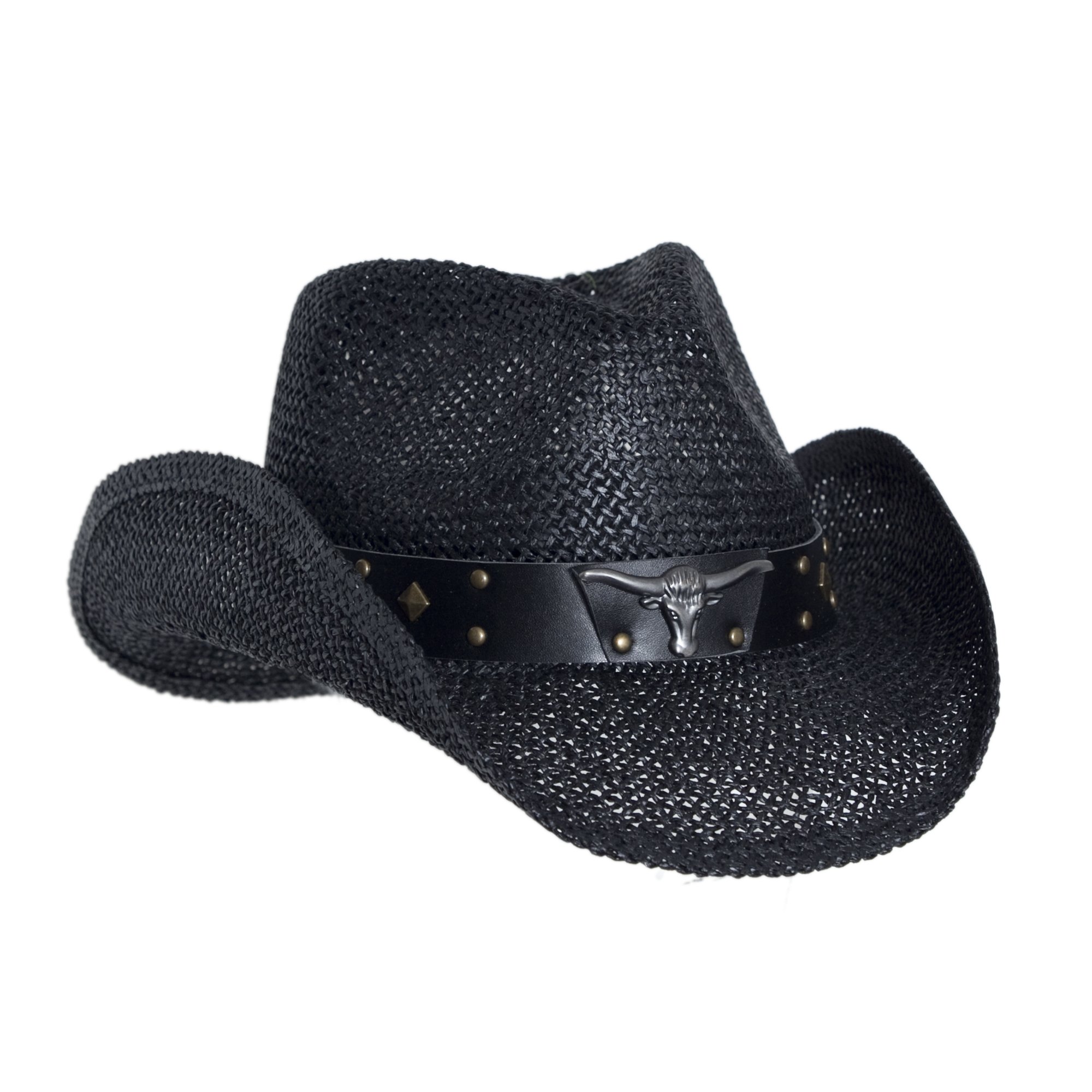 Black Straw Cowboy Hat For Men Faux Leather Longhorn Shapeable ...