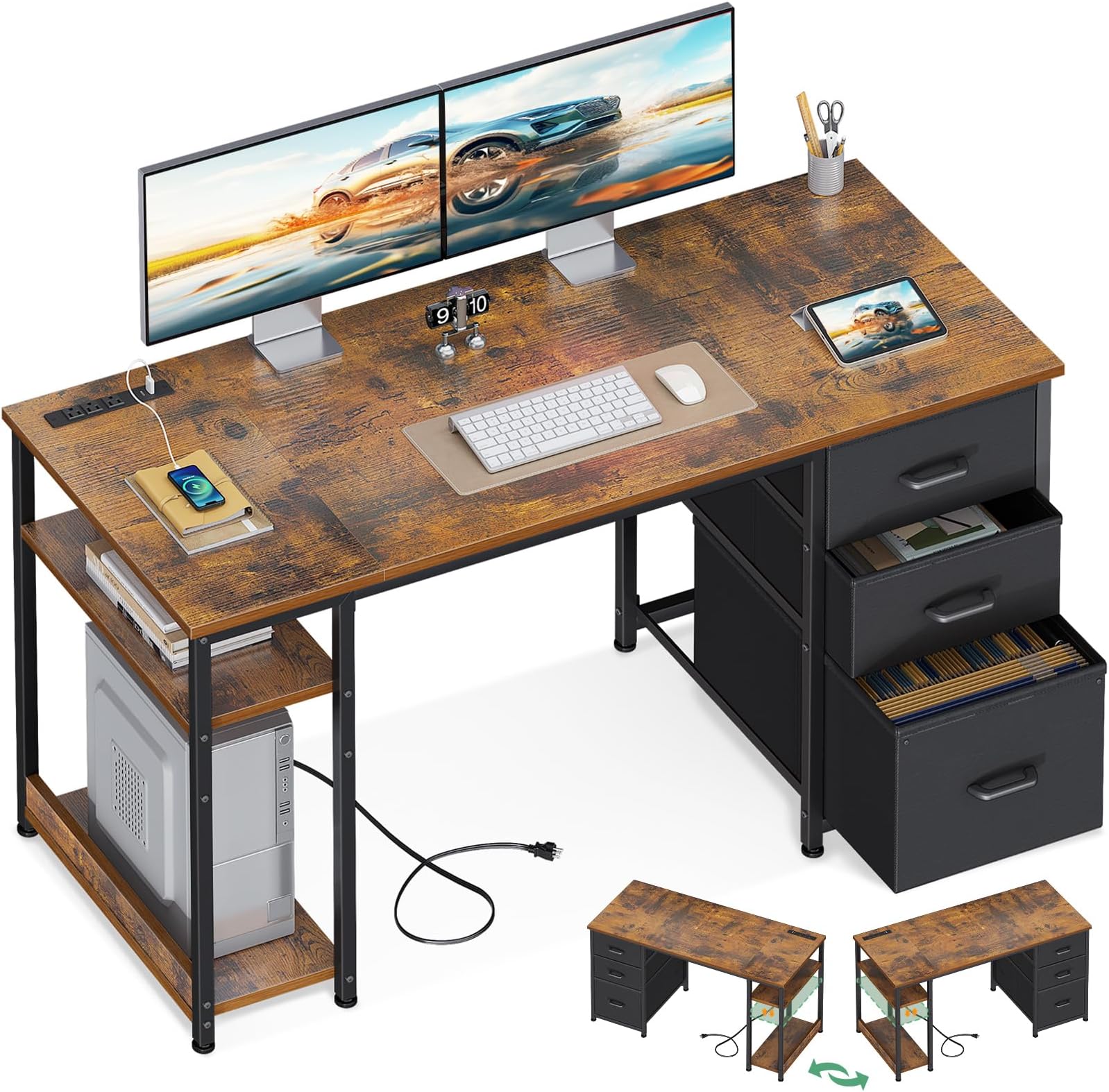 Amazon.com: AODK 51 Inch Computer Desk with Fabric Drawers & USB Power ...
