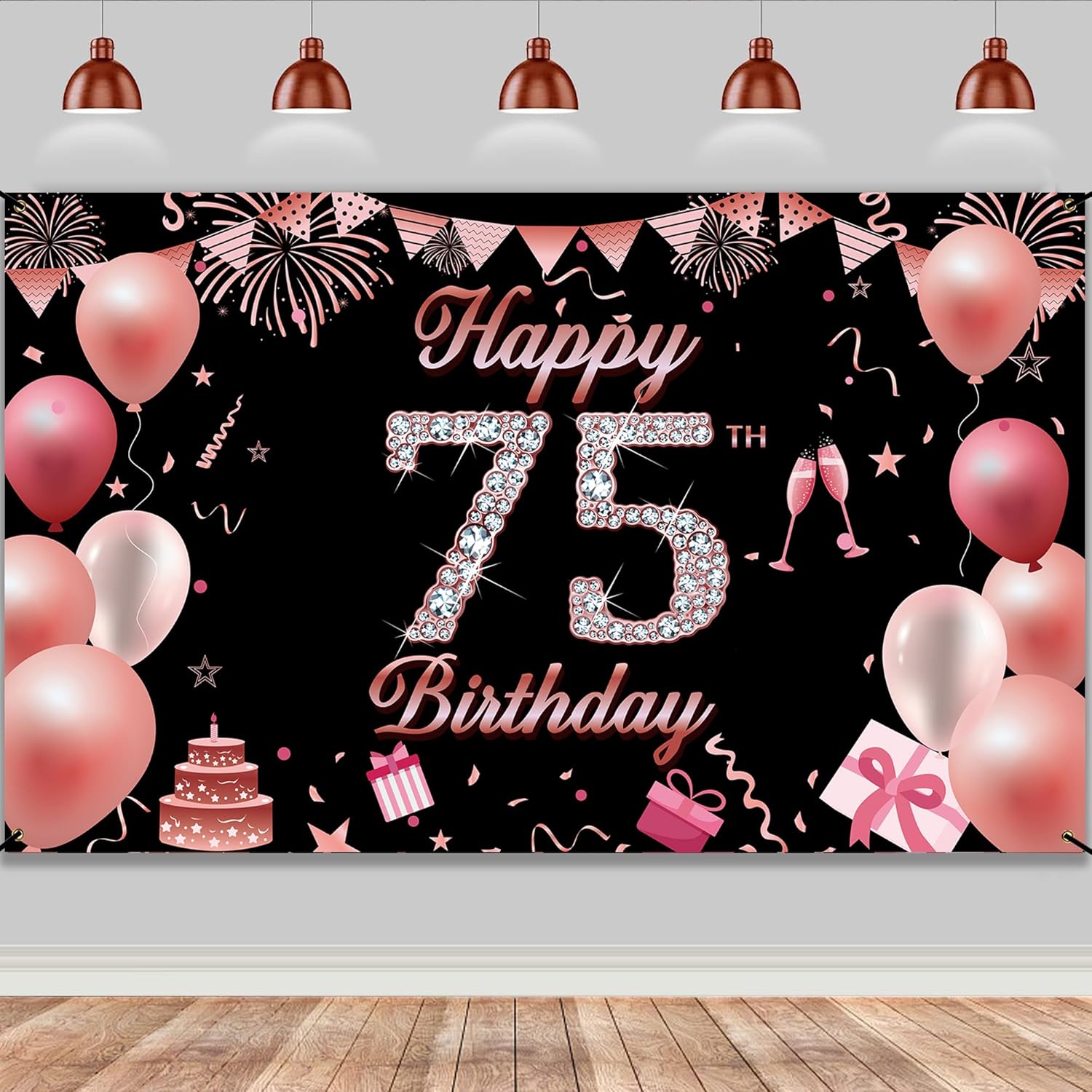 Amazon.com: Wiipenex Happy 75th Birthday Banner Black and Rose Gold ...