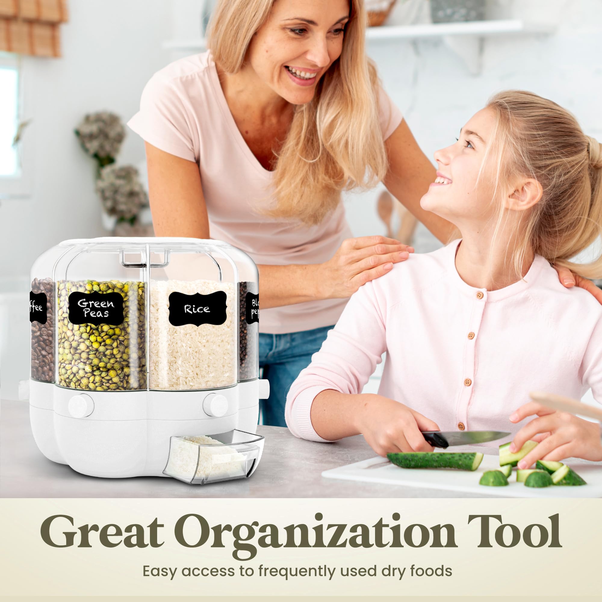 6 Compartment Dry Food Organizer With Labels 20lb Rotating Rice & Grain ...