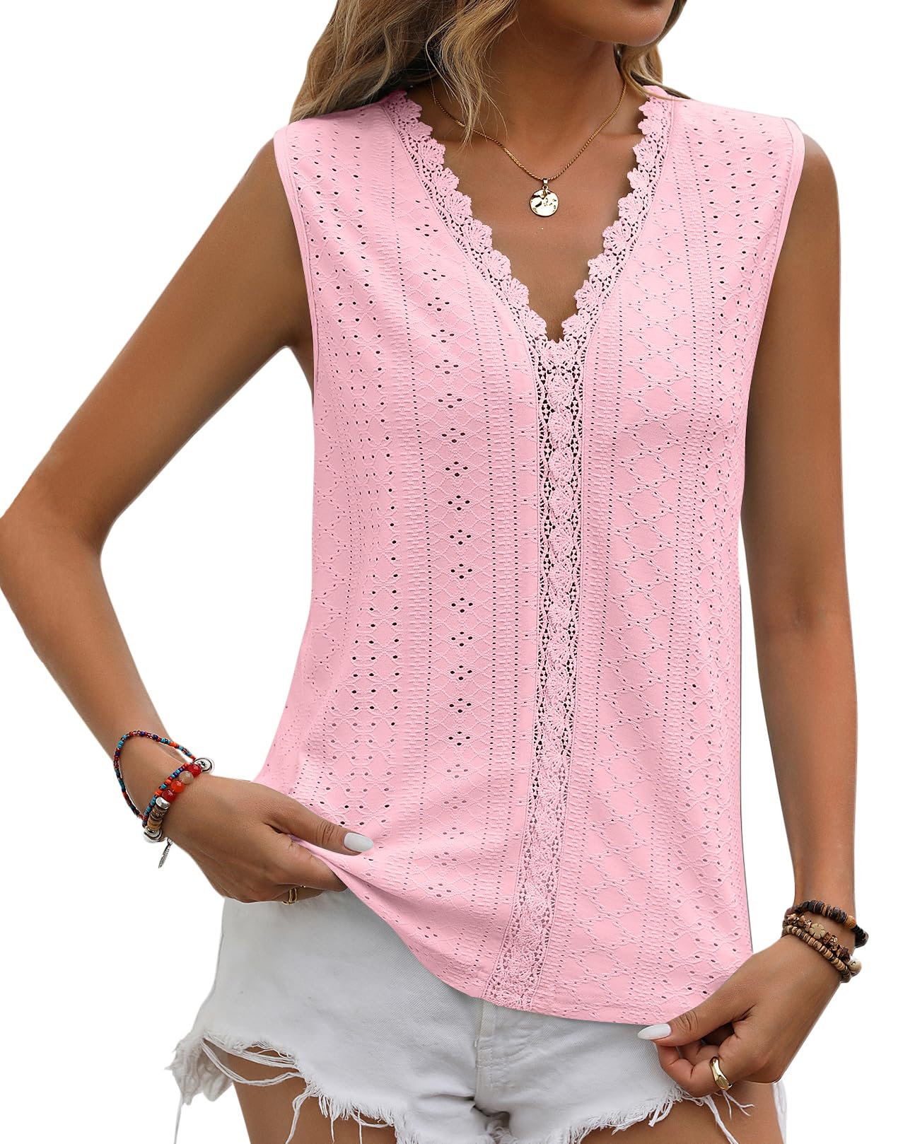 Beumissy Women's Tank Tops Sleeveless Lace V Neck Summer Flowy Casual Trendy Eyelet Cami Shirts ...