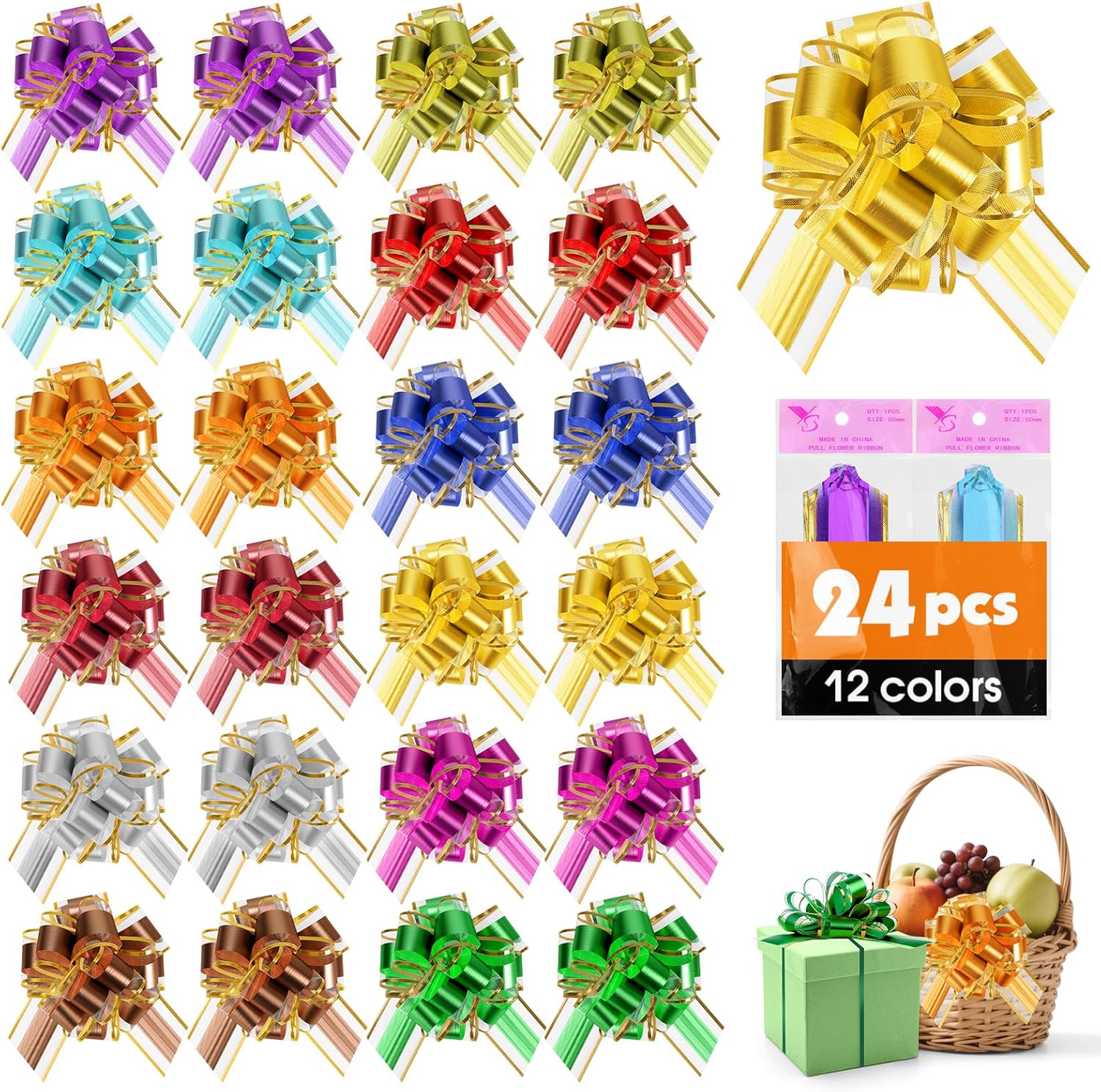 Amazon.com: 24 Pcs Pull Bows for Gift Baskets, 12 Colors 6 Inches Large ...