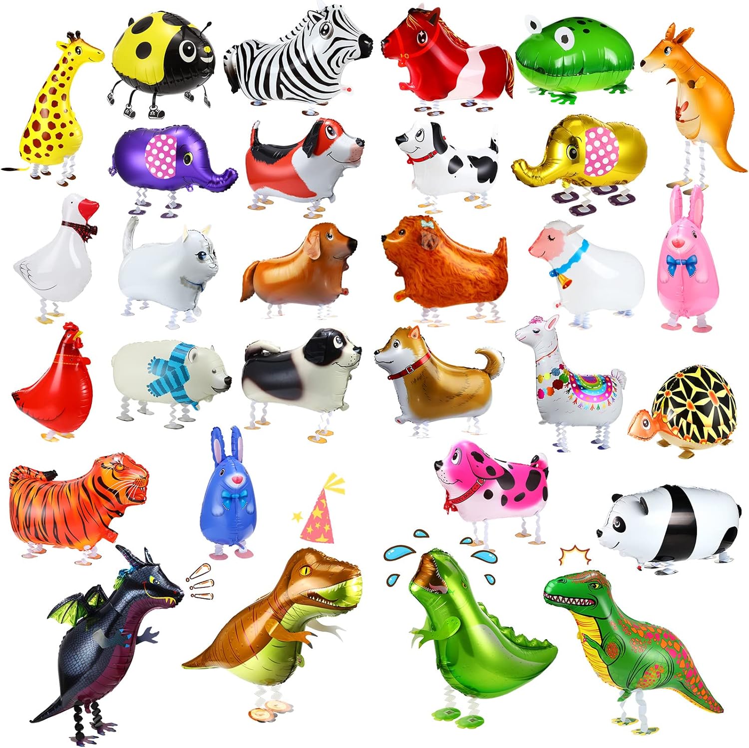 Amazon.com: 30 Pcs Walking Animal Balloons Dog Dinosaur Cow Balloons ...
