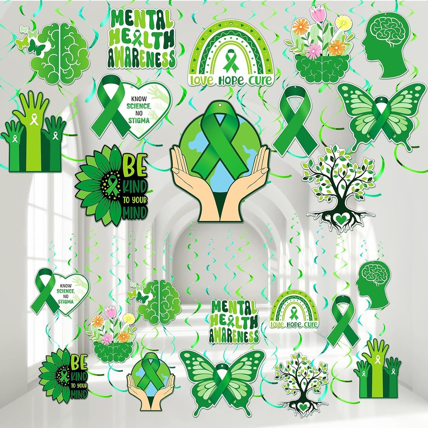 Kosiz 54 Pcs Mental Health Month Decorations, Green Awareness Hanging ...