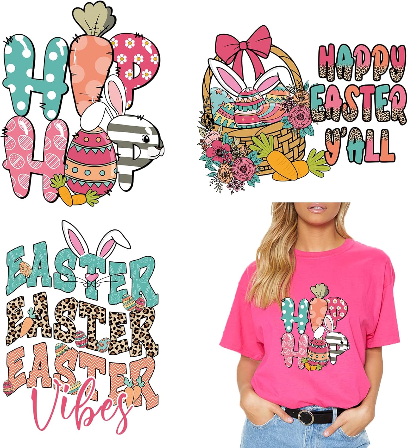 Amazon.com: Easter Iron on Patches Bunny Iron on Transfers Flowers Egg Carrots Easter Heat ...