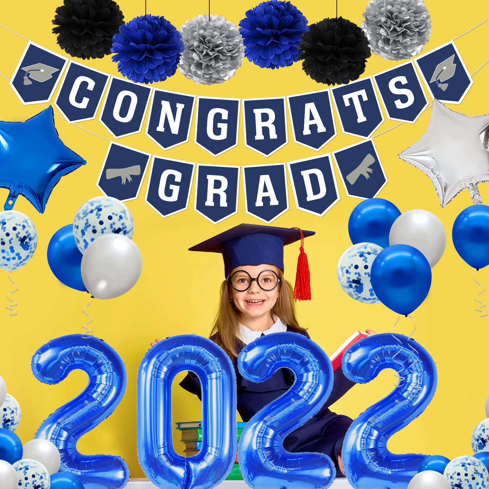 Buy Blue Graduation Party Decorations 2022 Large Congrats Grad Banner ...