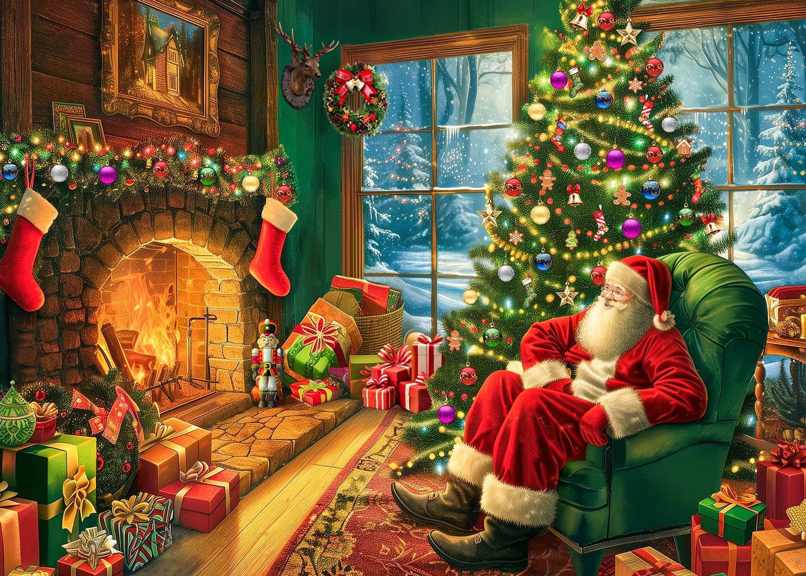 Amazon.com: Christmas Santa Claus Puzzle Vintage Christmas House Window ...