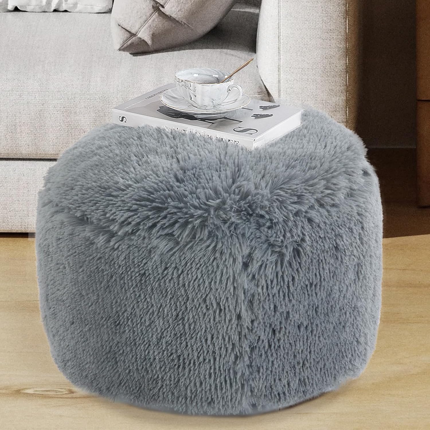 Amazon.com: HOMBYS Round Pouf Ottoman Stuffed,Faux Fur Pouf Ottoman ...