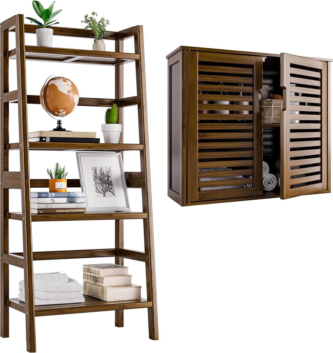 Amazon.com: HITNET Bamboo Medicine Cabinet and 4 Tier Ladder Bookshelf ...