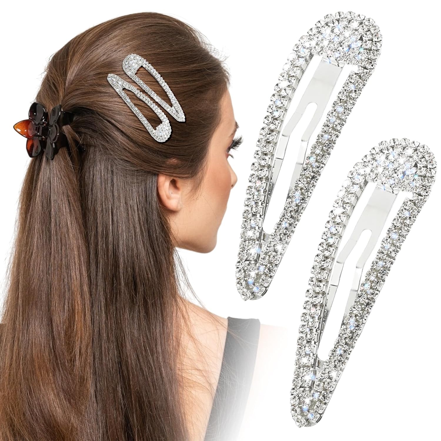 Amazon.com: Gjinxi 2Pcs Rhinestone Hair Clips, Bling Metal Snap ...