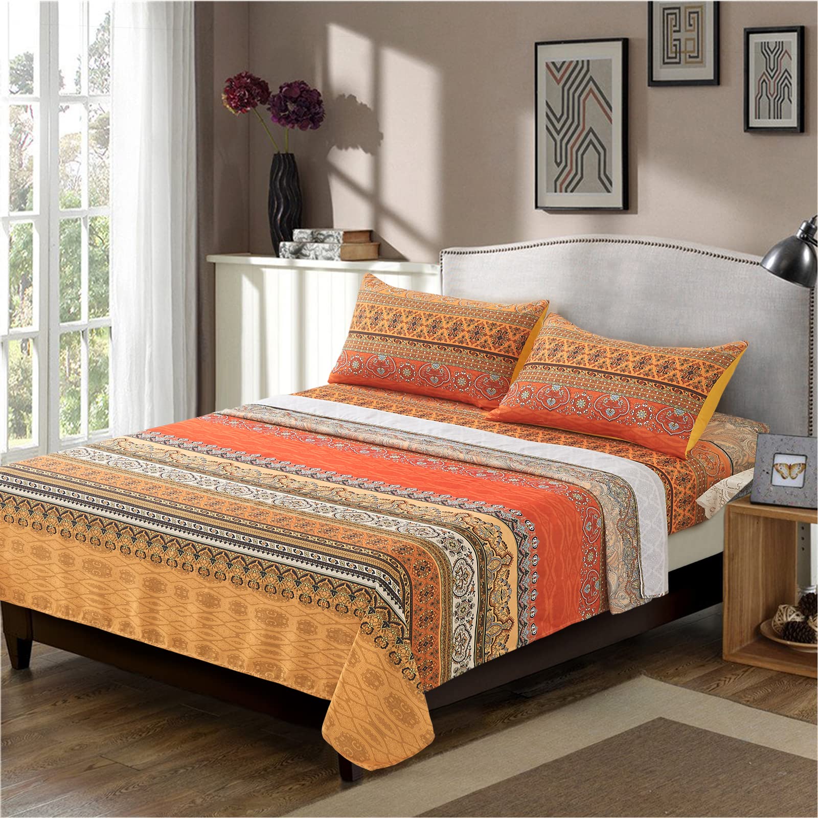 Boho Orange Sheets Set Queen Size(4 PCS) Colorful Bohemian Striped ...