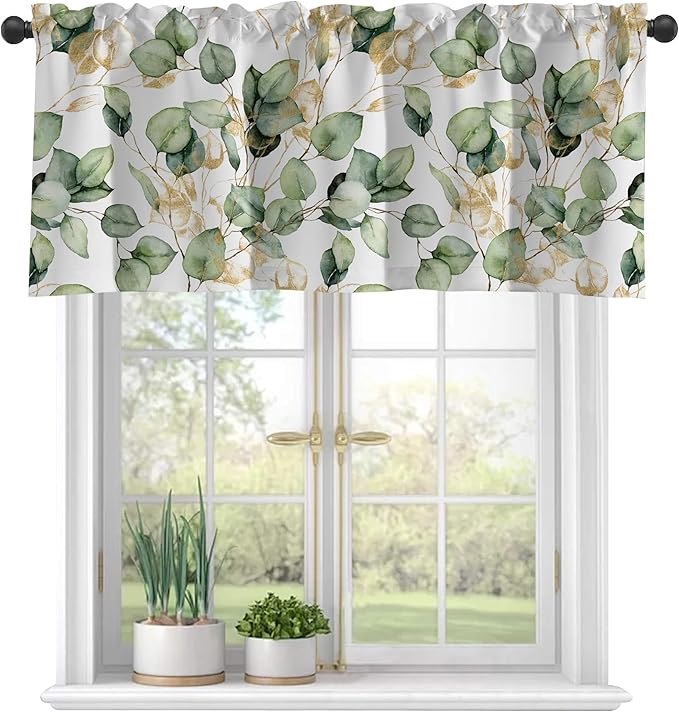 Amazon.com: Curtain Valances, Green Golden Eucalyptus Leaves Semi Sheer ...