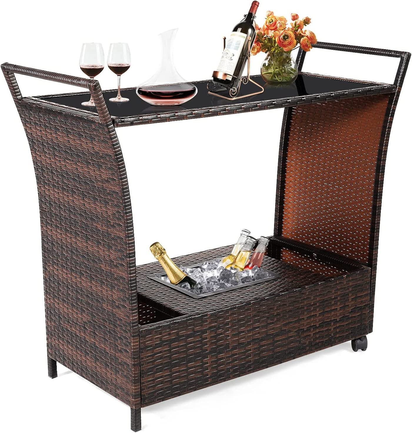 Amazon.com: HAPPYGRILL Patio Wicker Bar Cart with Wheel and Ice Bucket ...