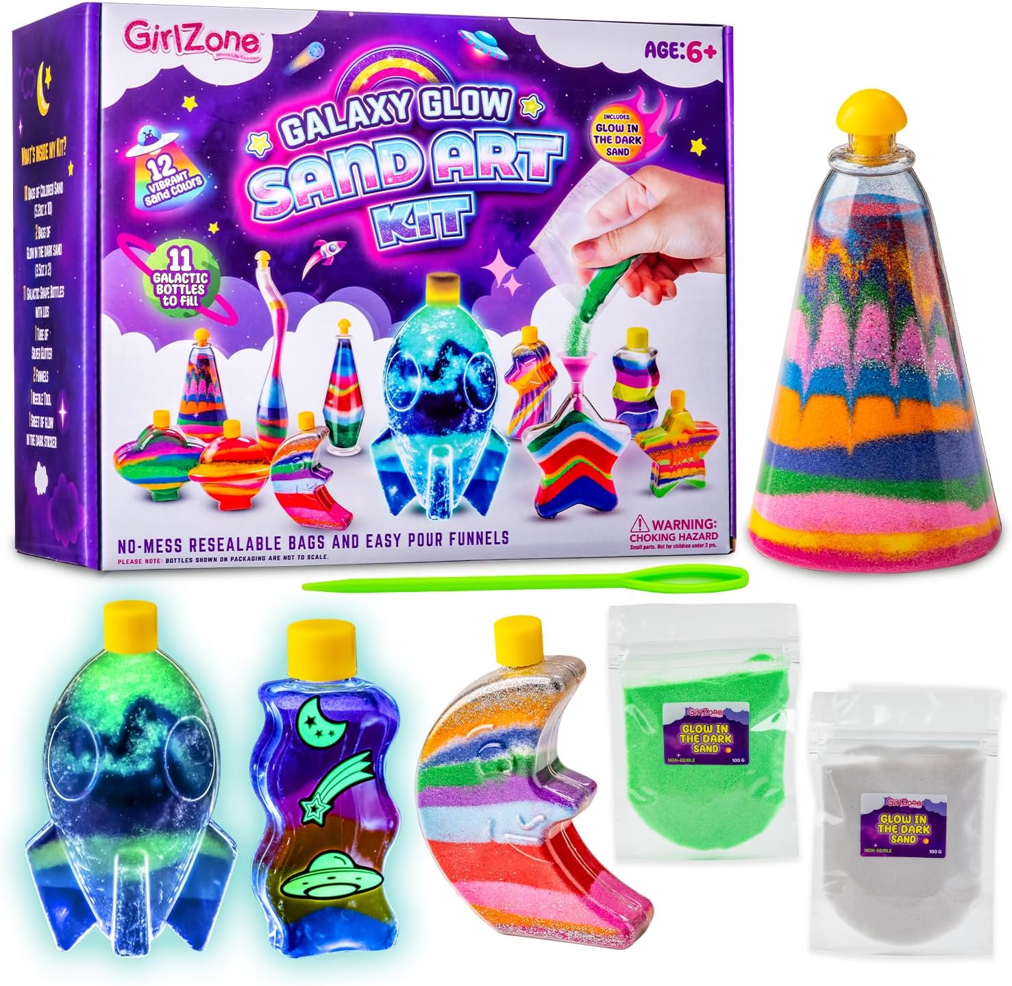GirlZone Galaxy Glow Sand Art Kit, Sand Art for Kids Kit with Coloured ...