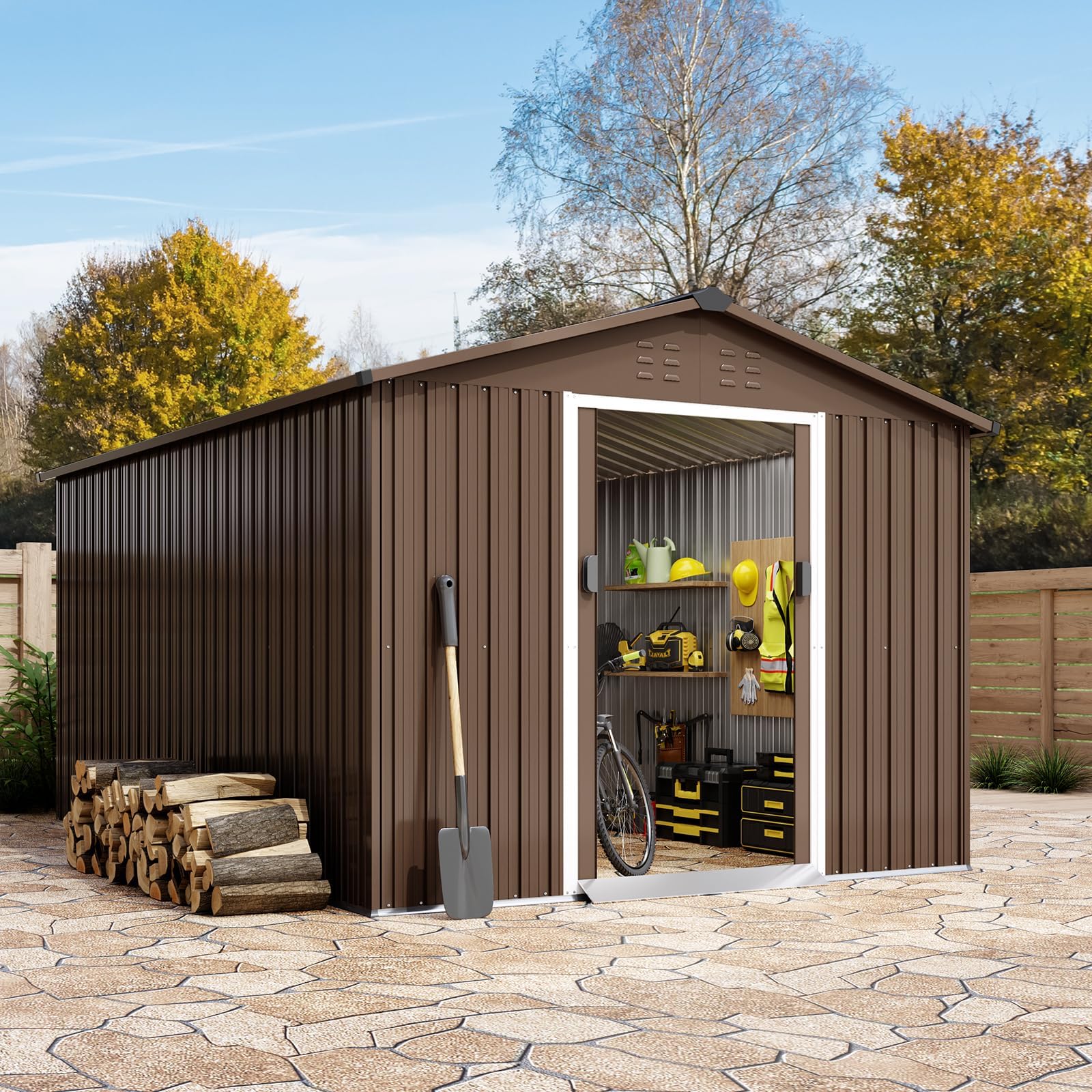 Amazon.com : Zstar 15' x 8' Large Metal Outdoor Storage Shed, Steel ...