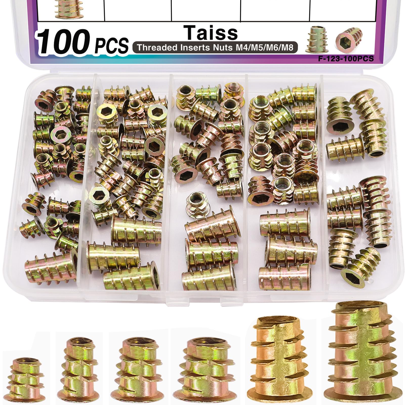 Snapklik.com : 100PCS Threaded Inserts Nuts,6 Sizes Wood Threaded ...