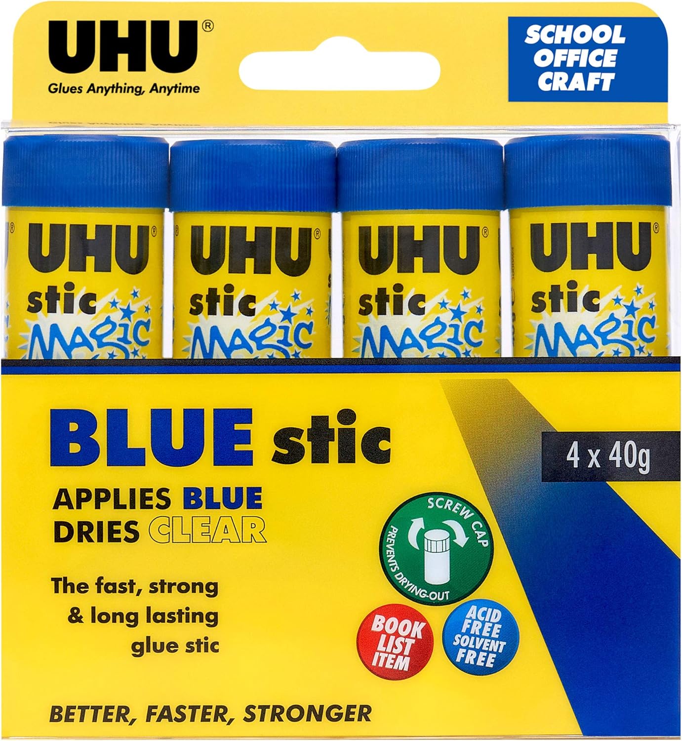 UHU Solvent Free 4 Blue Glue Sticks, (33-40576), 40g: Art Glues: Amazon ...