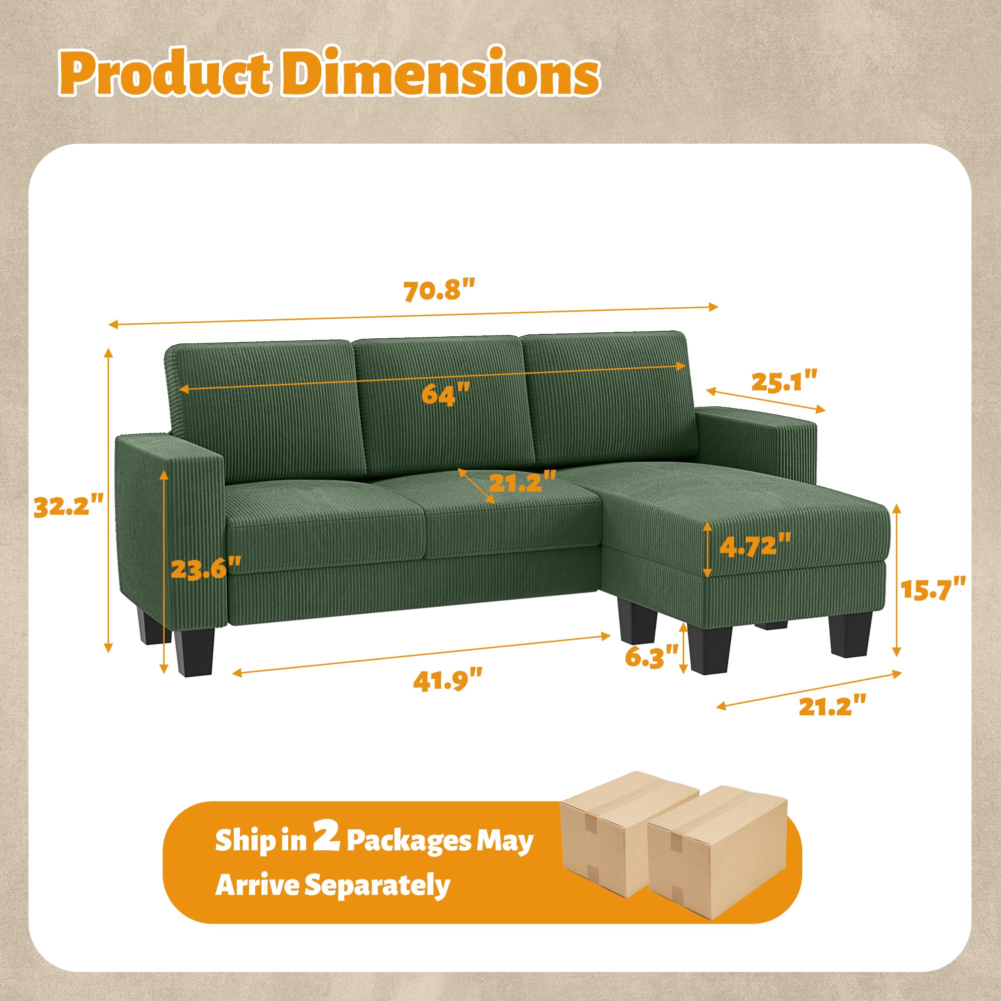 Snapklik.com : VICTONE Sectional Sofa Couch, 3 Seat L-Shaped Small Sofa