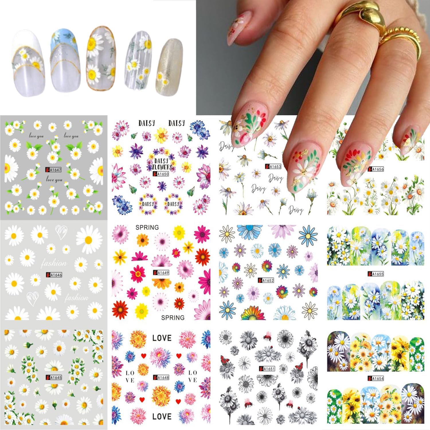 Amazon.com: 12Sheets Daisy Flower Nail Art Stickers Decals Nail Water ...