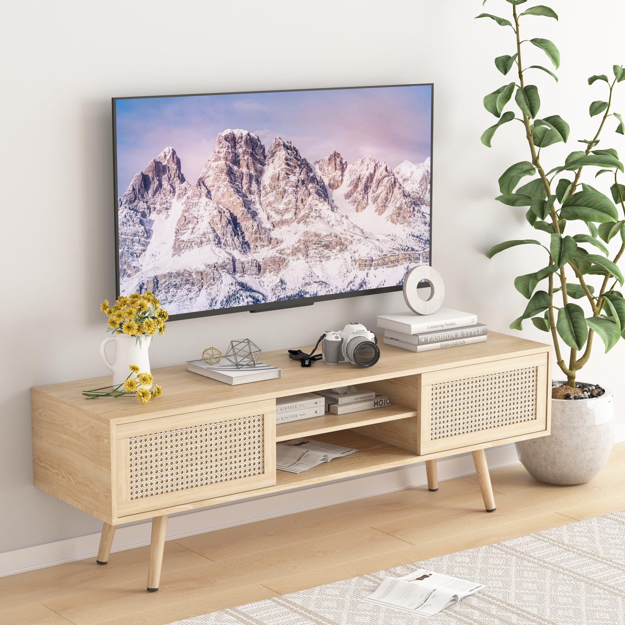 Amazon.com: Rattan TV Stand for 55 Inch TV Boho TV Console Media ...