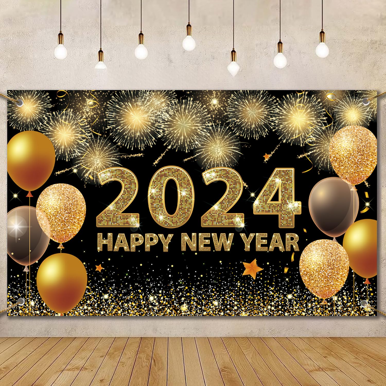 Happy New Year Banner 2024 Extra Large 73×43 Inch, Black and Gold Happy ...
