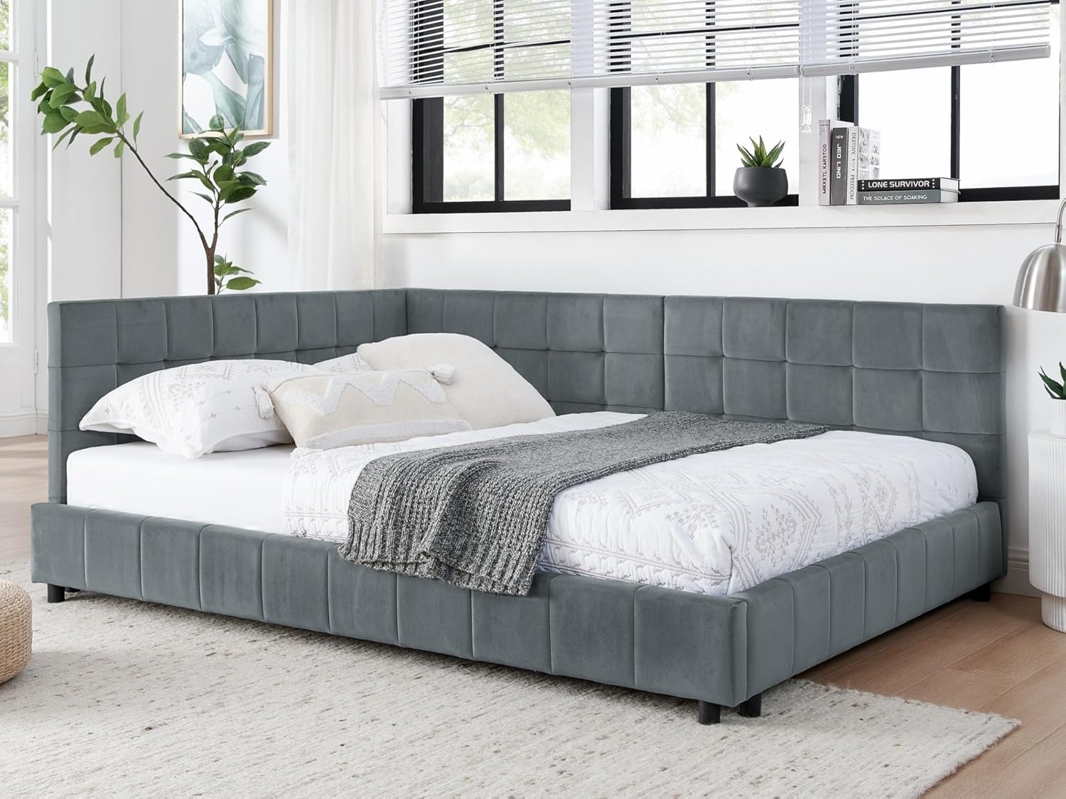 Amazon.com: KEIKI Full Size L Shape Corner Bed Frames with Backrest and ...