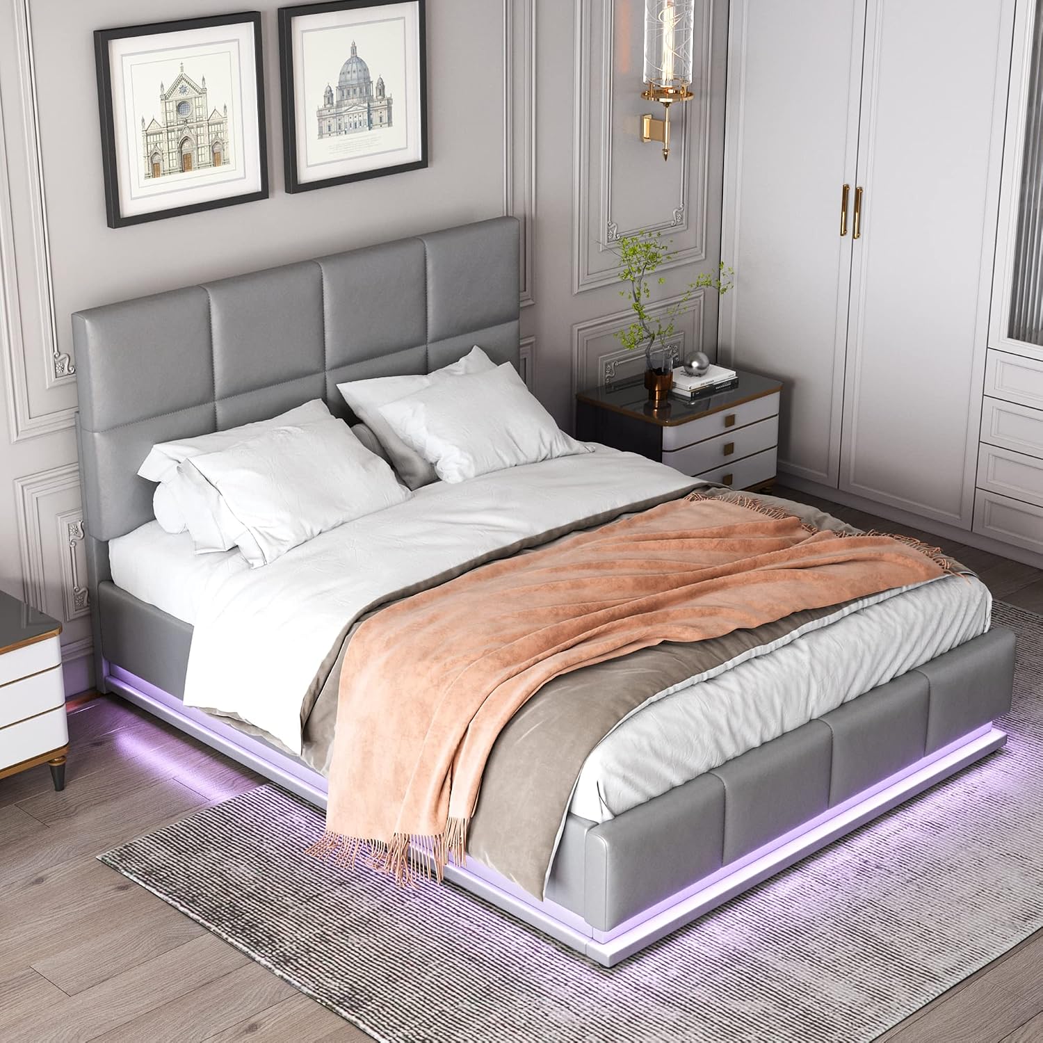 lit rembourré 140x200 cm avec éclairage LED et Espace de Rangement à ...