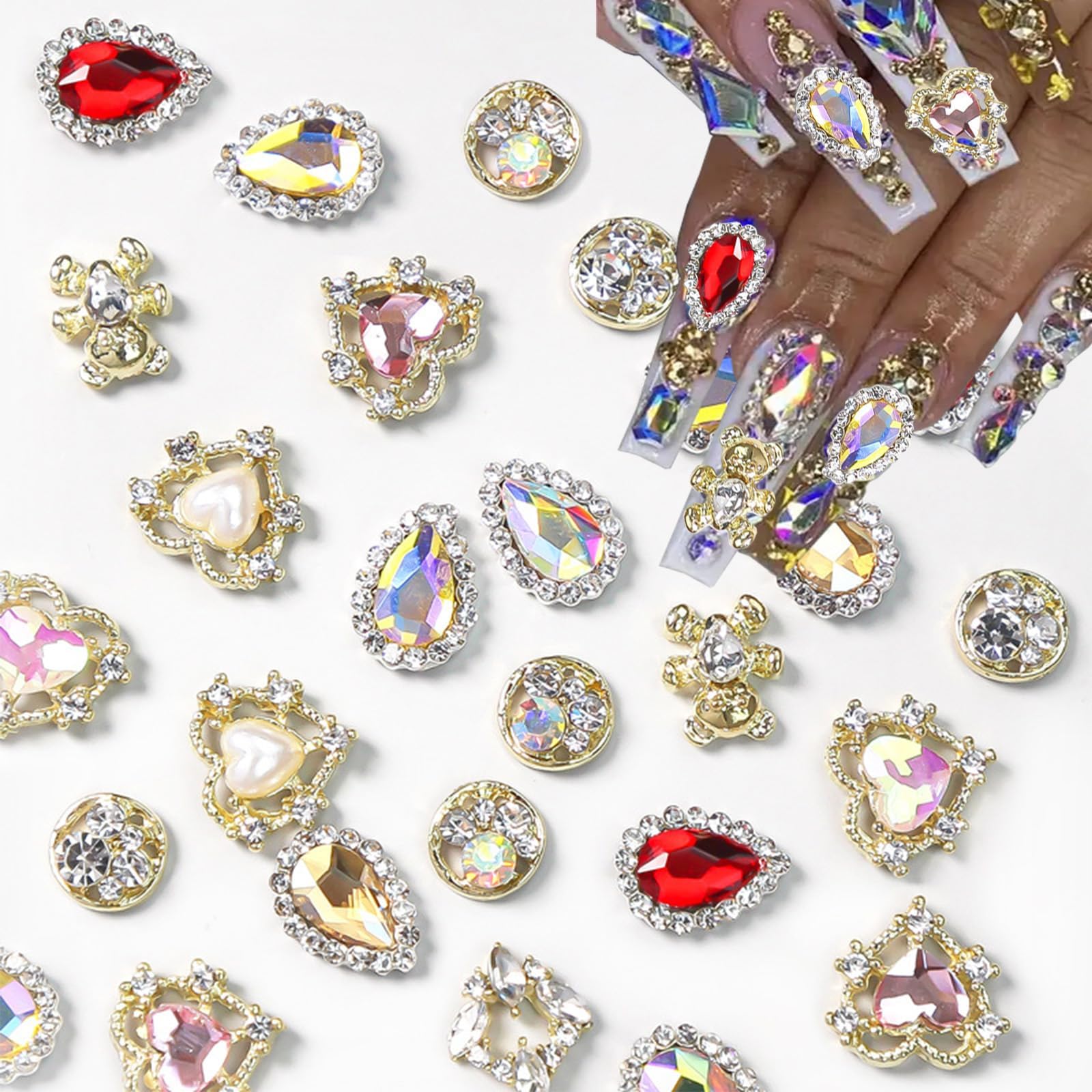 Amazon.com: qiipii 36pcs Red Heart Nail Charms Red Gold Luxury Alloy ...