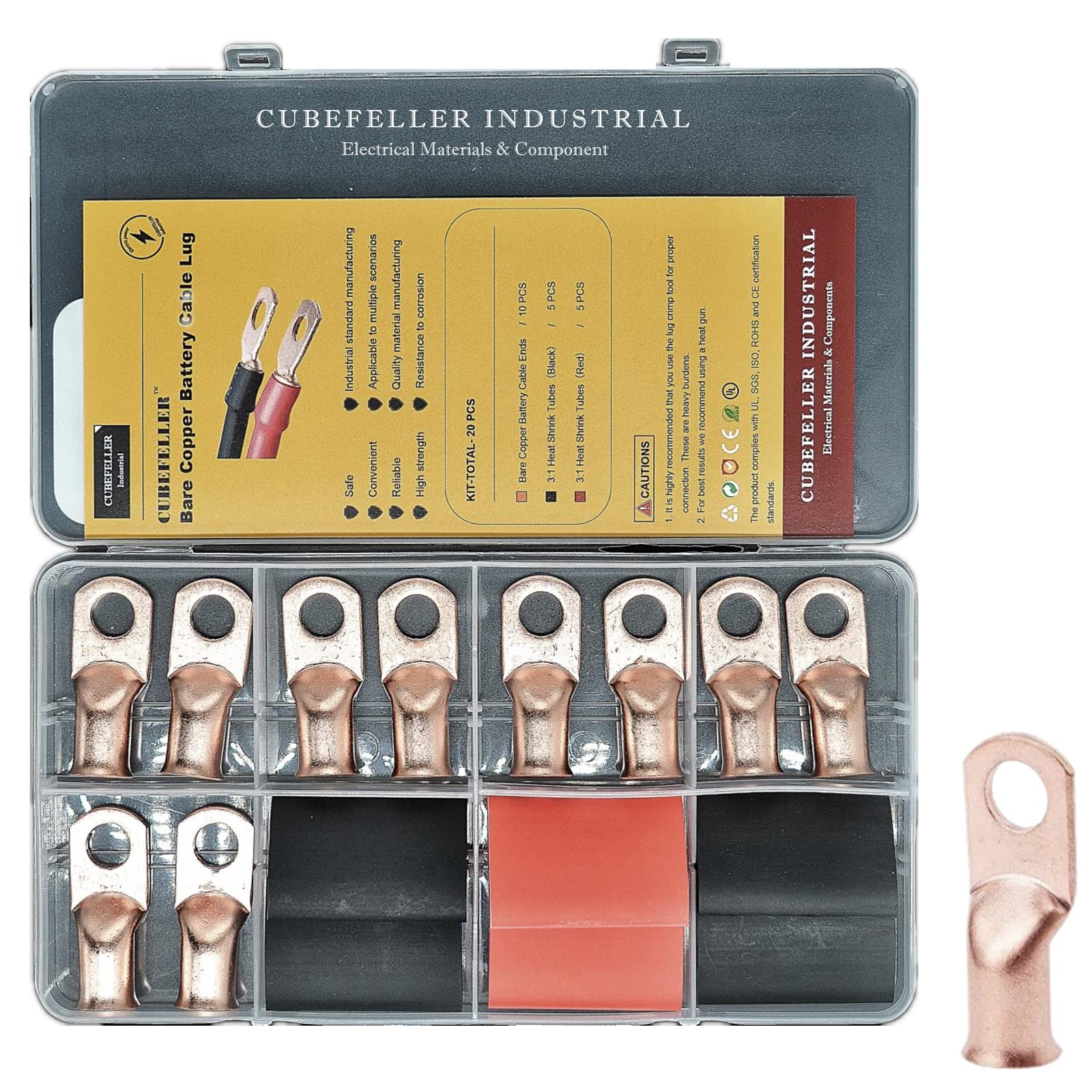 Cubefeller Heavy Duty Battery Lugs | 10pcs 1 Awg - 1/2" (M12), with 3:1 ...