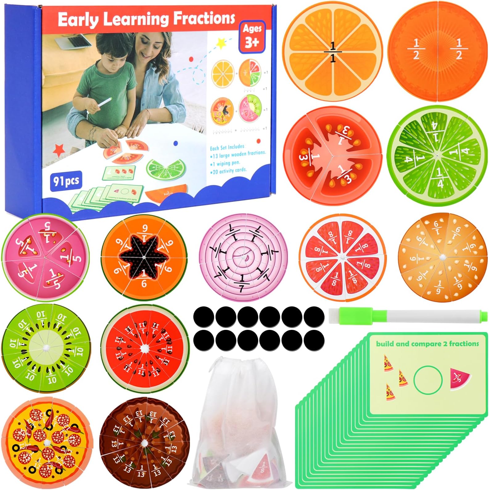 Amazon.com: 111 PCS Magnetic Fraction,Magnetic Fraction Tiles & Circles ...