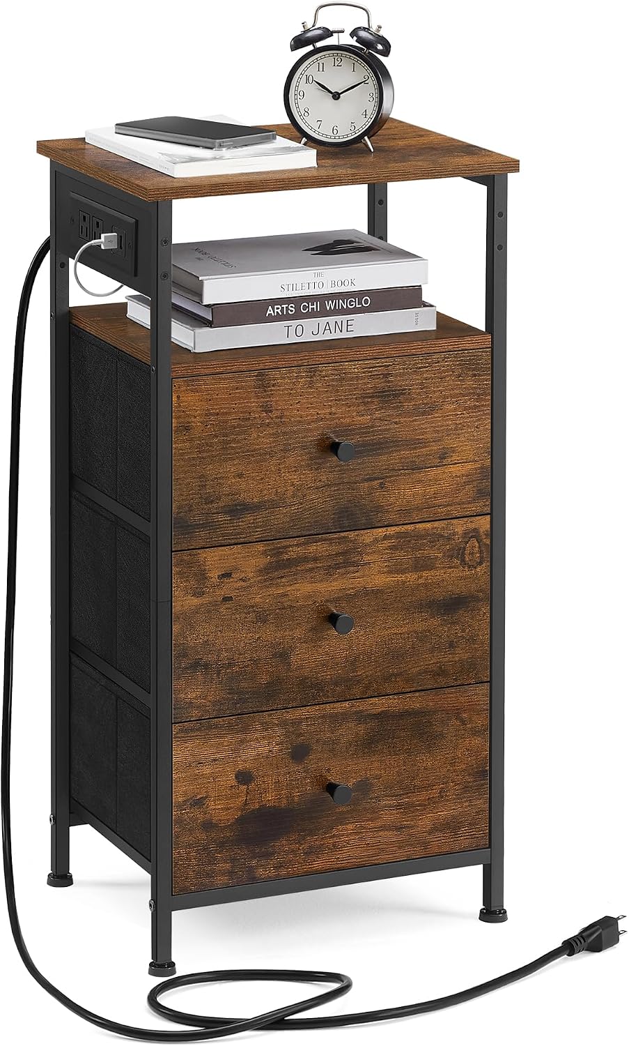 VASAGLE Nightstand with Charging Station, Night Stand, Side Table with ...
