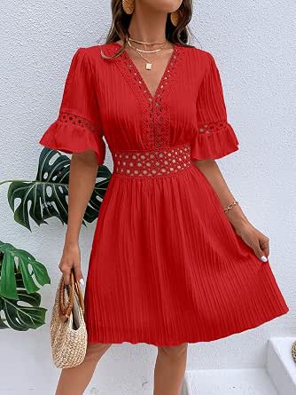 Women's V Neck Short Sleeve A Line Dress Lace Ruffle Knee Length Boho ...