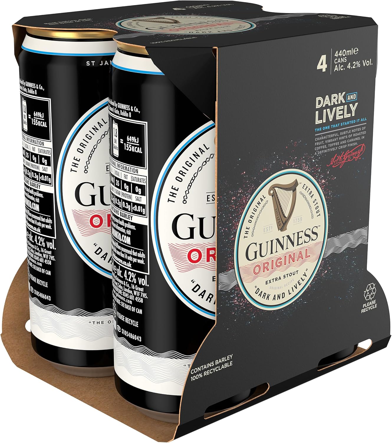 Guinness Original Extra Stout | 4.2% vol | 4 x 440ml Beer Cans| Medium ...