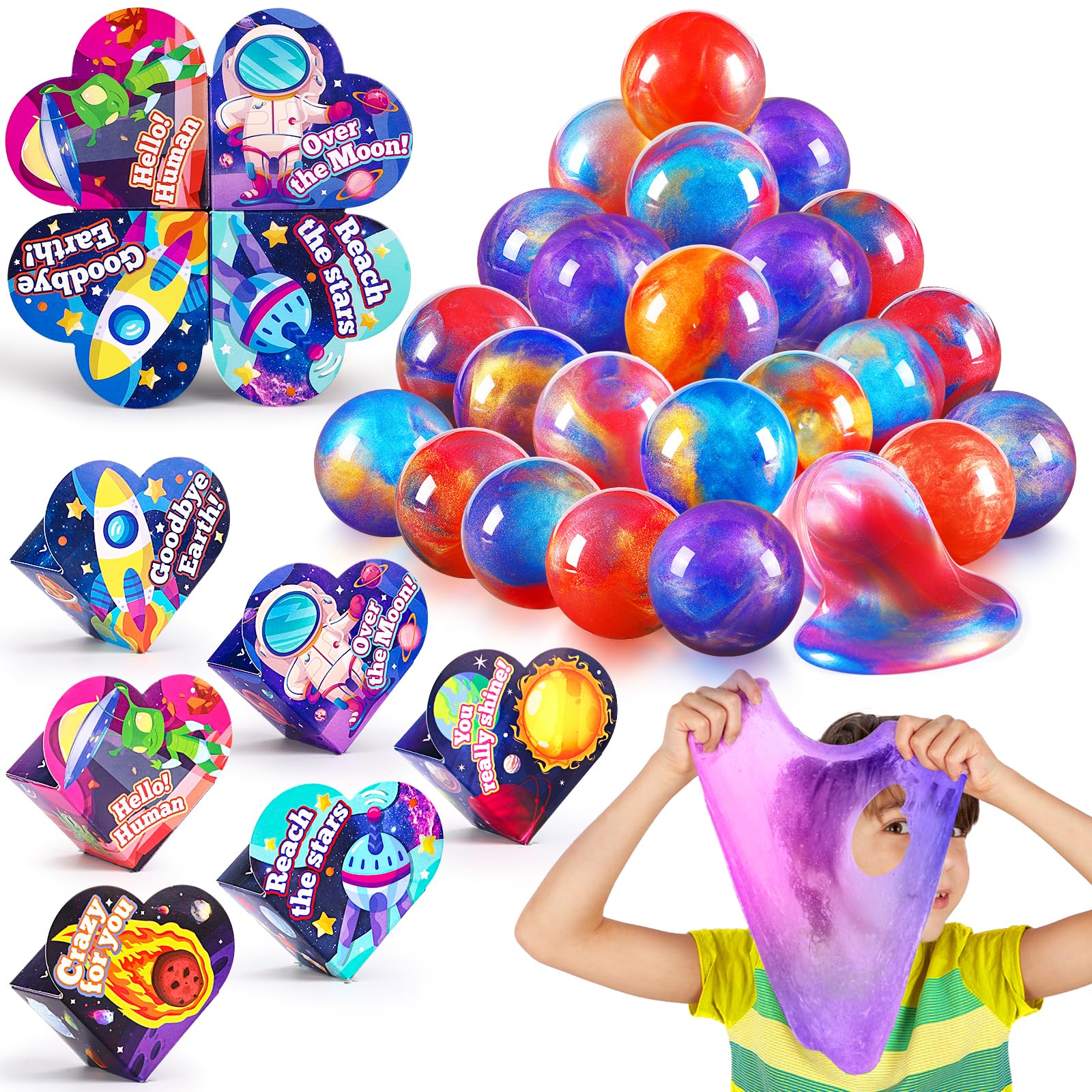 Amazon.com: 30 Pack Valentines for Kids Galaxy Slime Ball Kits with ...
