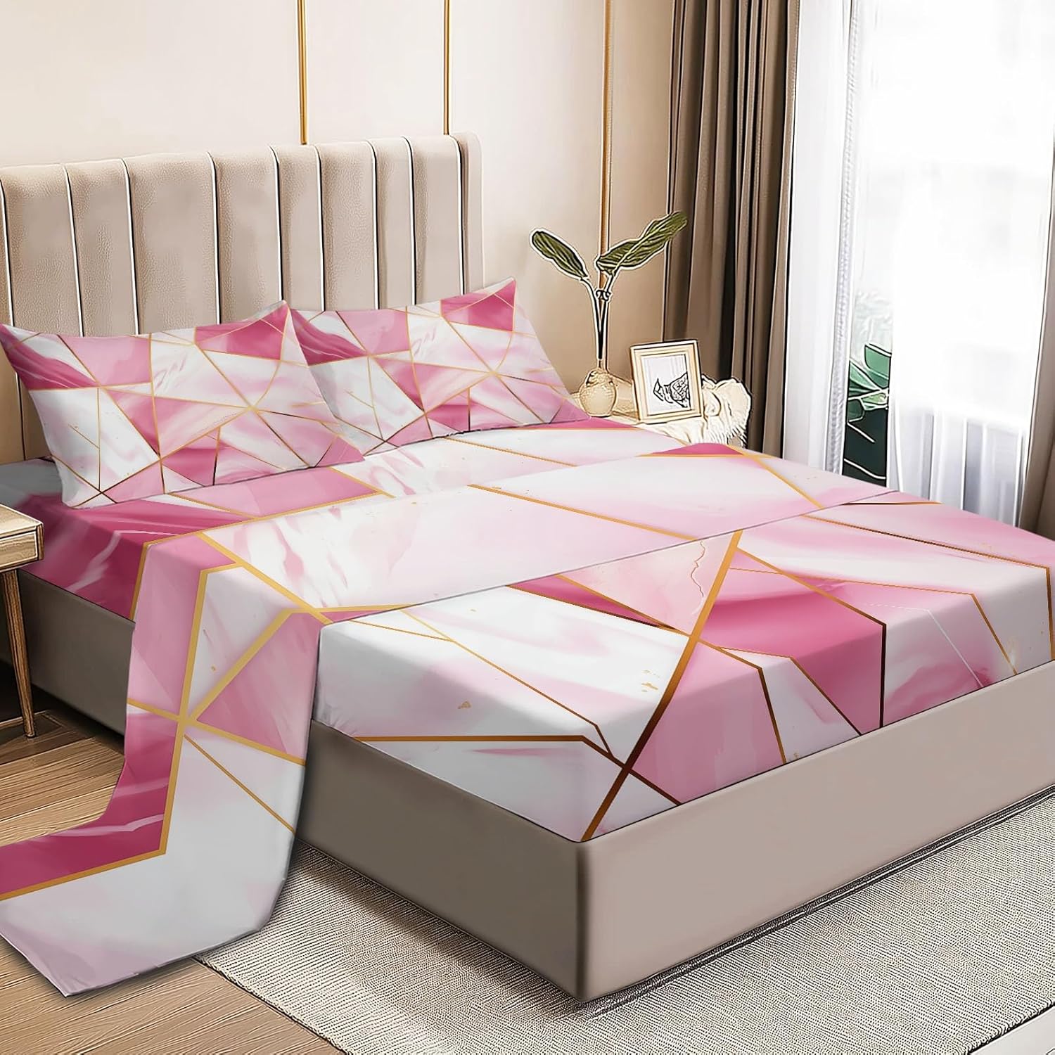 Amazon.com: Abstract Geometric Printed Fitted Sheet Full Size, Silky ...