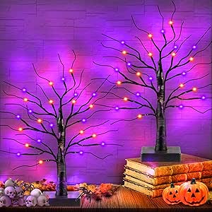 Amazon.com: 2 Pack 24 Inch Black Halloween Tree with 24 LED Orange ...