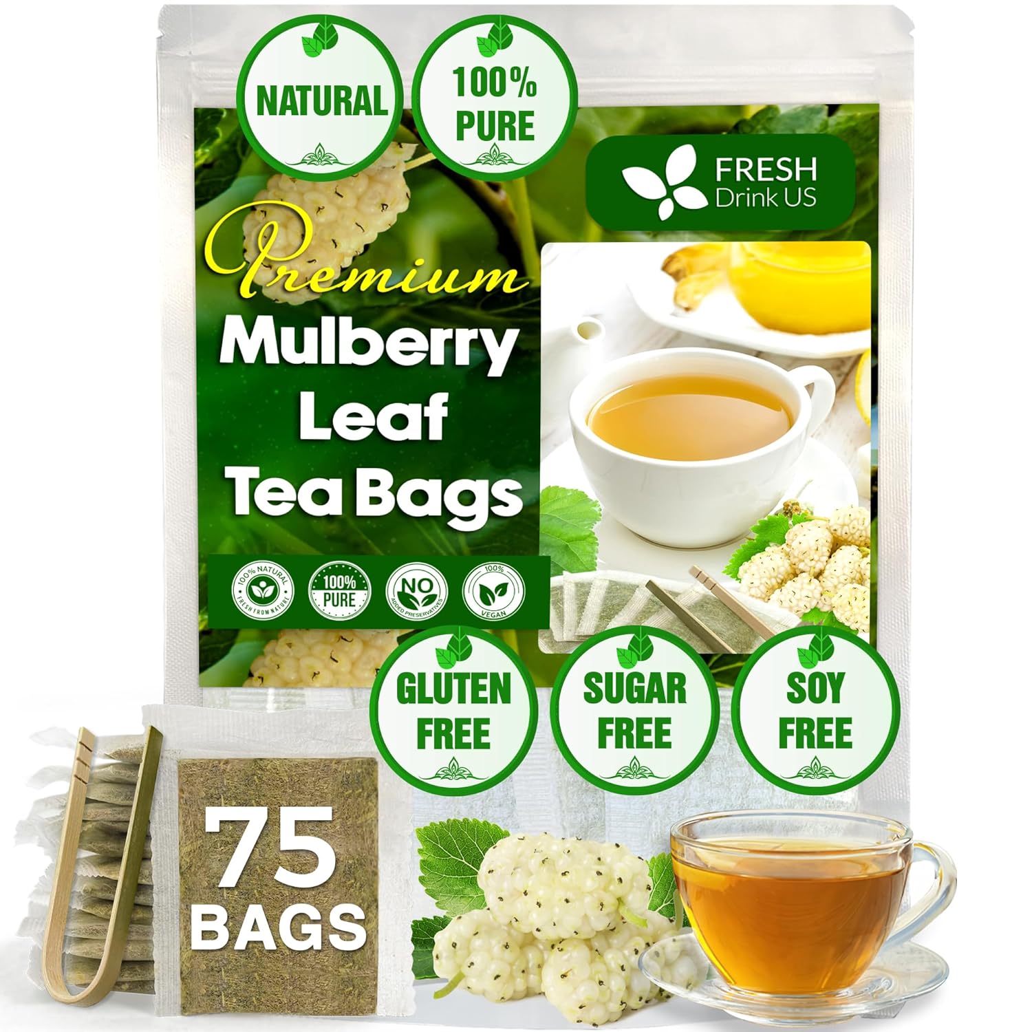 Amazon.com : FreshDrinkUS Premium 75 Mulberry Leaf Tea Bags, 100% ...