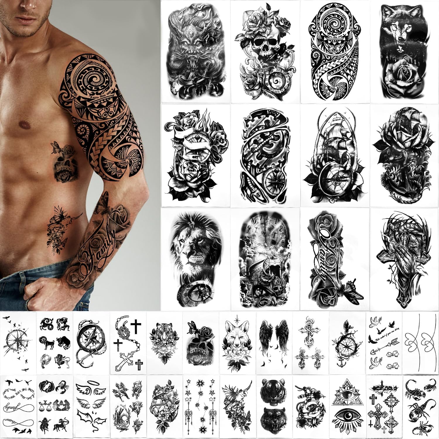 Yazhiji 36 Sheets Temporary Tattoos Stickers, 12 Sheets Fake Body Arm Chest Shoulder Tattoos for ...