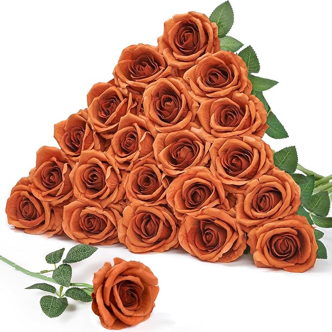 Amazon.com: Serwalin 20pcs Artificial Burnt Orange Roses, 4'' Big ...