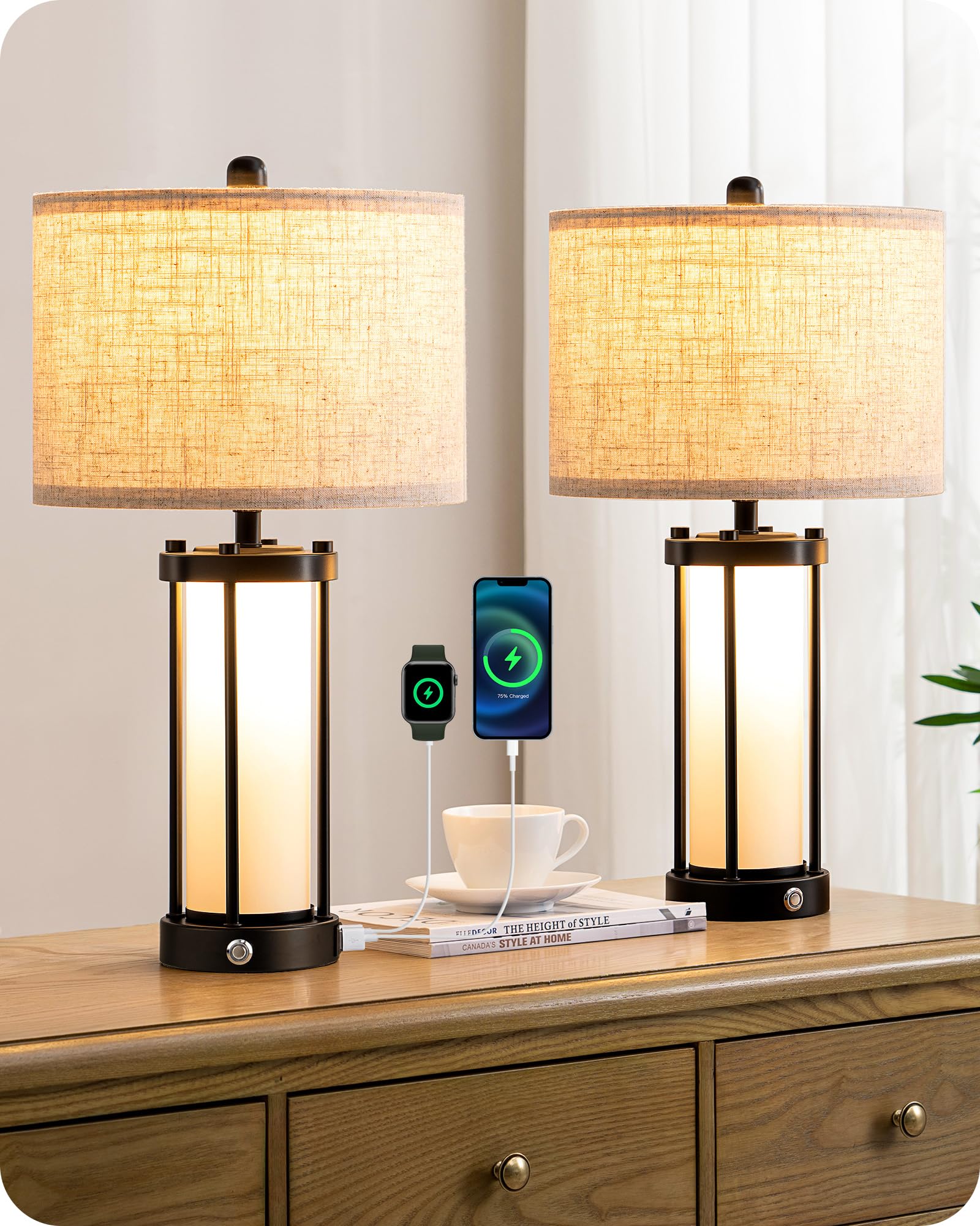EDISHINE 22.44" Farmhouse Table Lamps with Night Light, 3 Way Dimmable ...