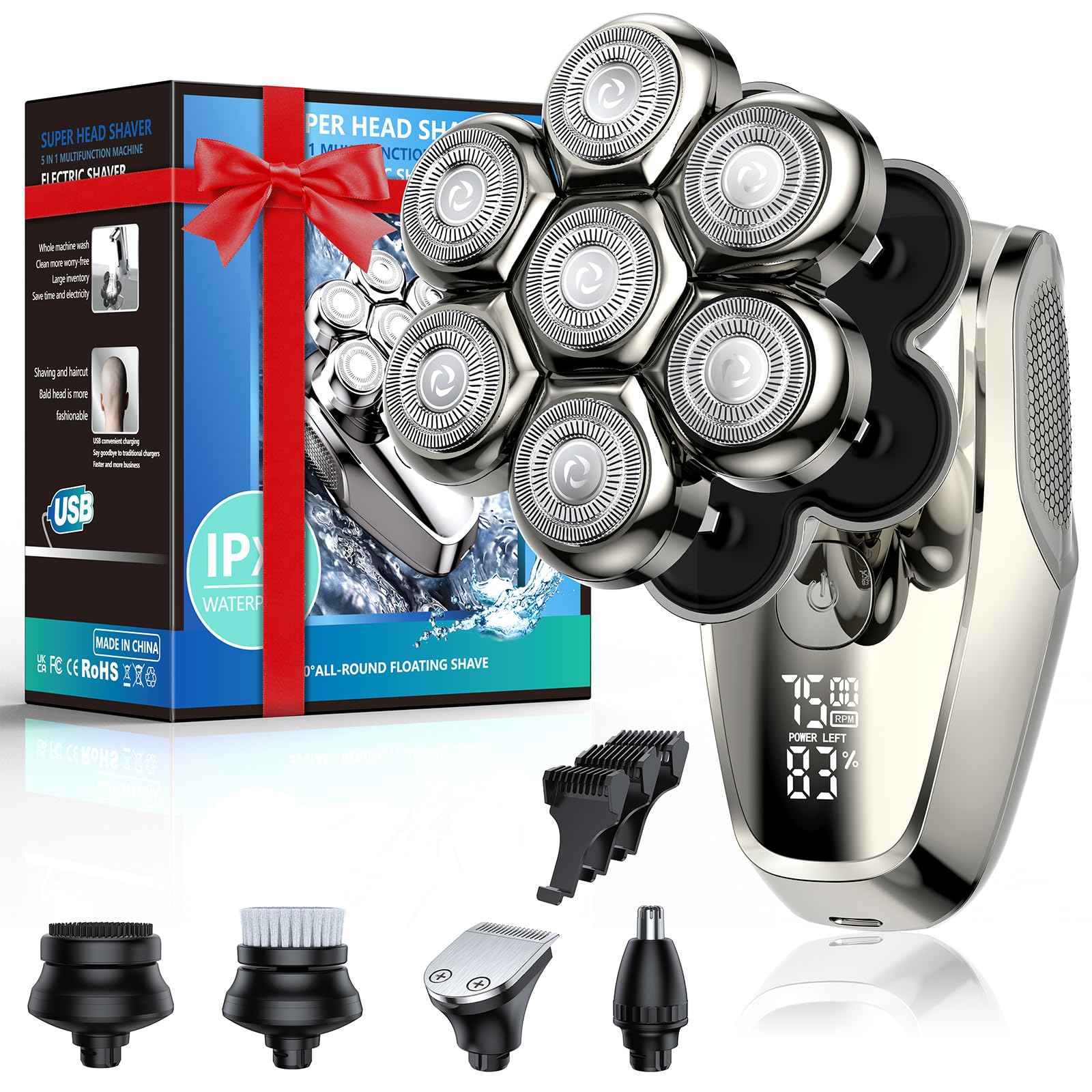 7D Head Shavers for Bald Men, Upgrade 5 in 1 Waterproof Electric Razor ...