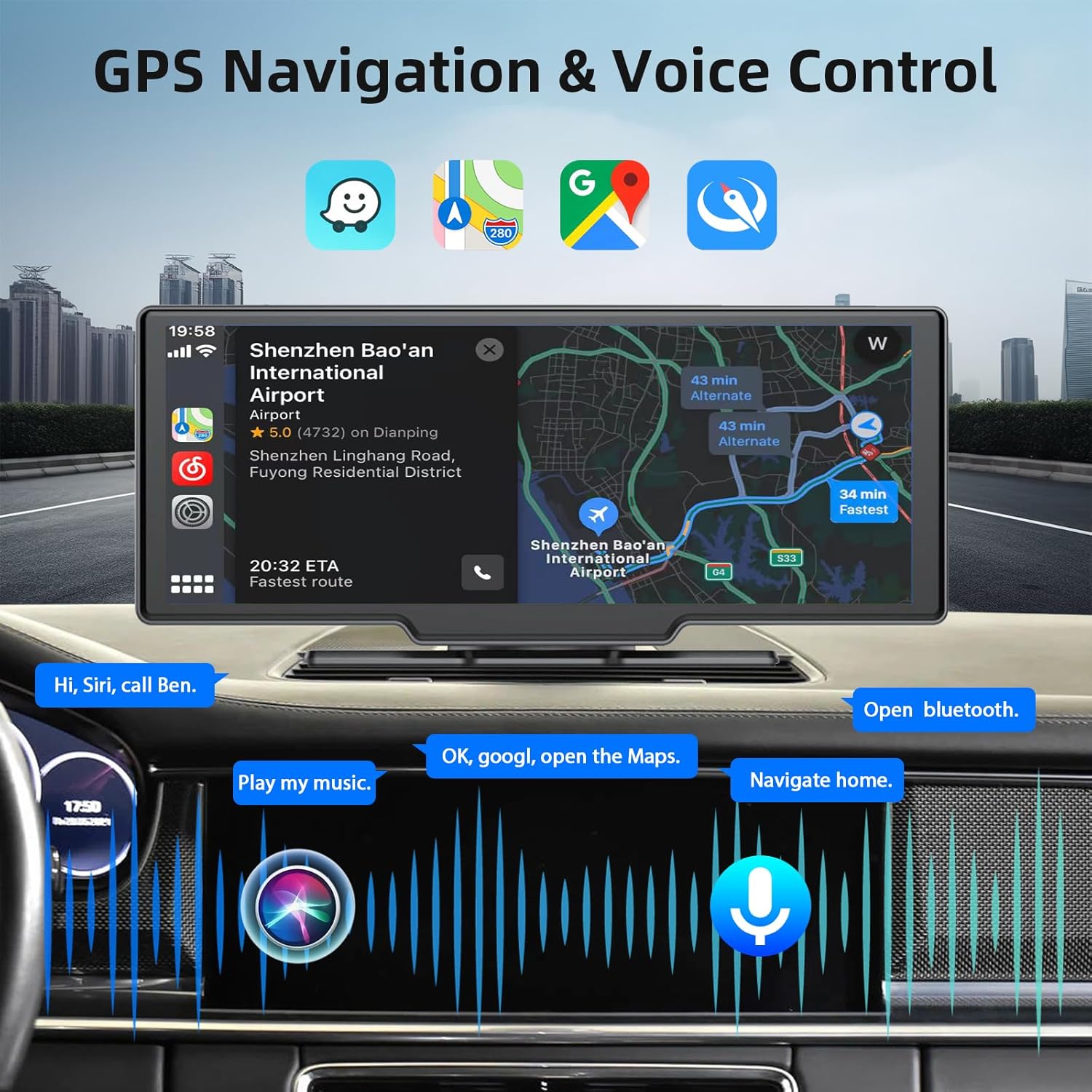 Portable Car Stereo Wireless Carplay Screen for Car with Front Dash Cam ...