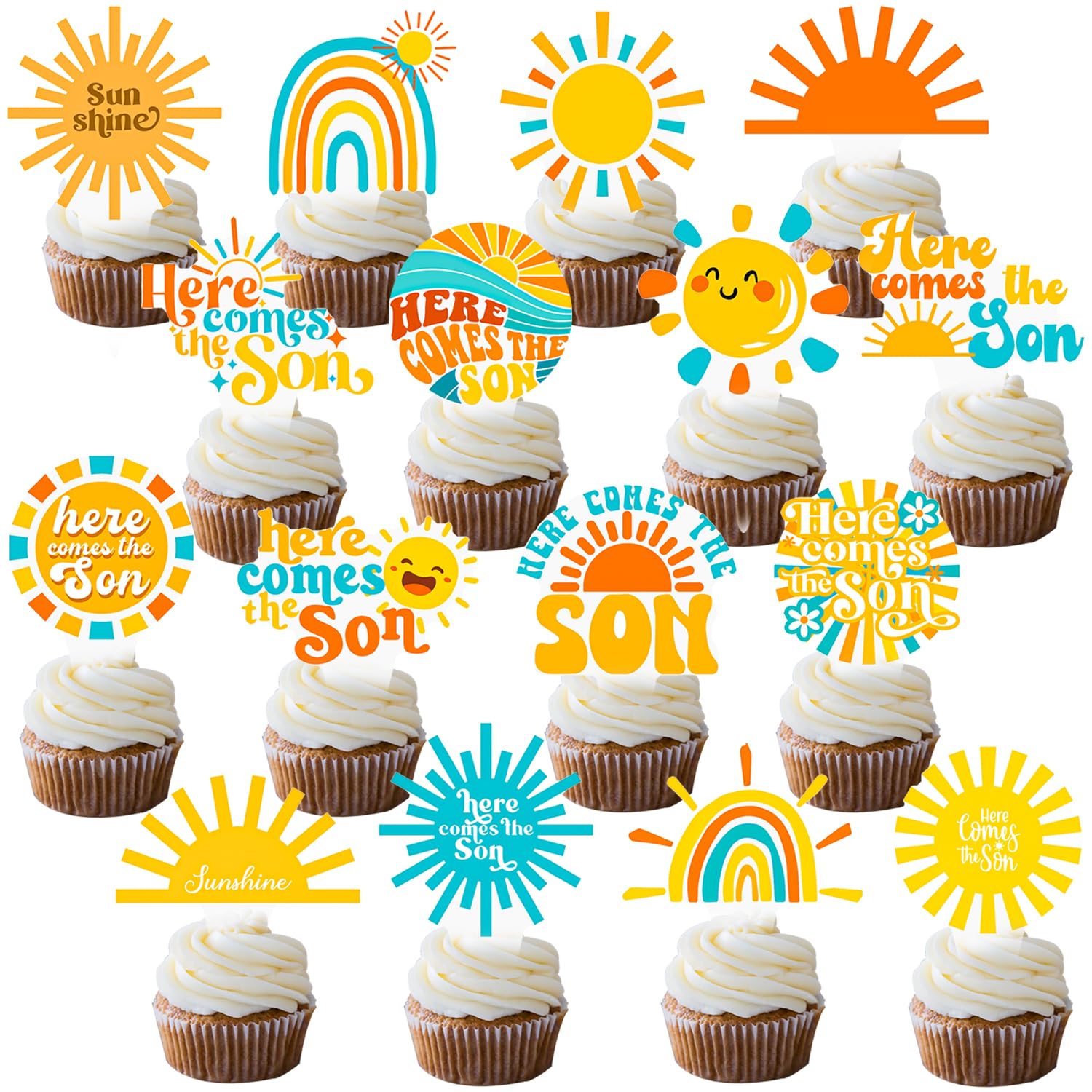 Amazon.com: Here Comes the Sun Cupcake Toppers 48Pcs Sunshine Party ...