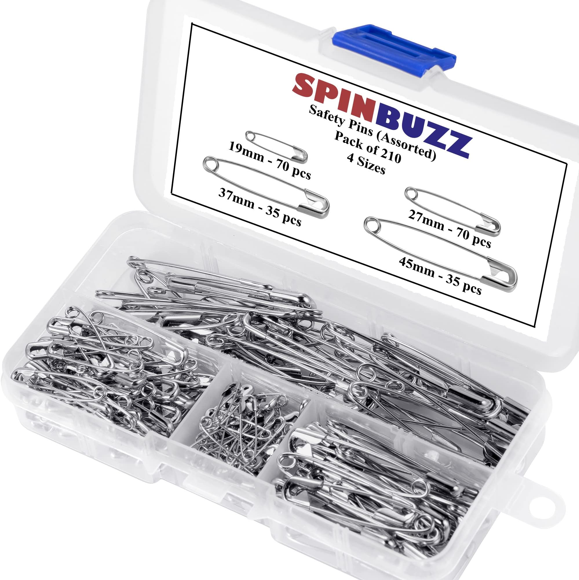SPINBUZZ Safety Pins 6 Sizes Pack of 315 Nickle Plated Rust Resistant ...