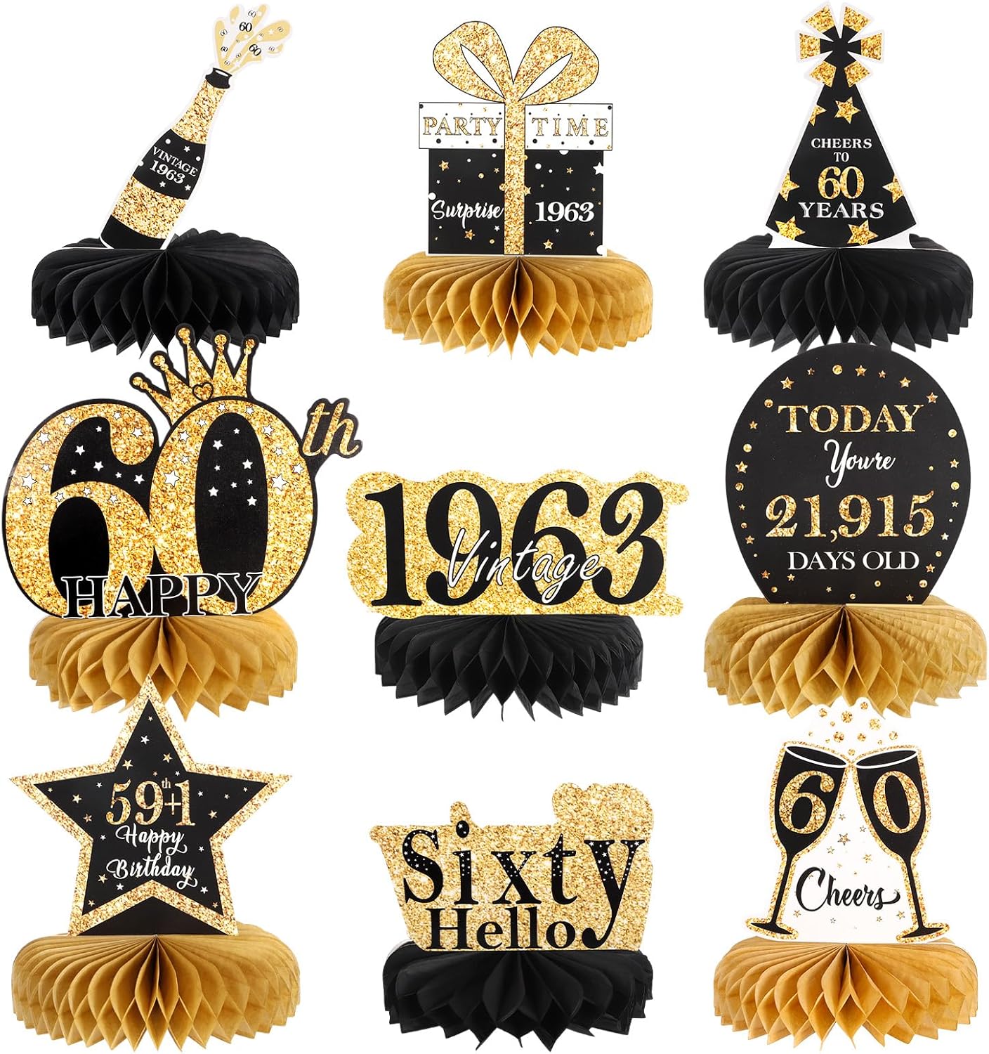 Provone 9 Pcs 60th Birthday Decorations for Women Men, Black and Gold ...