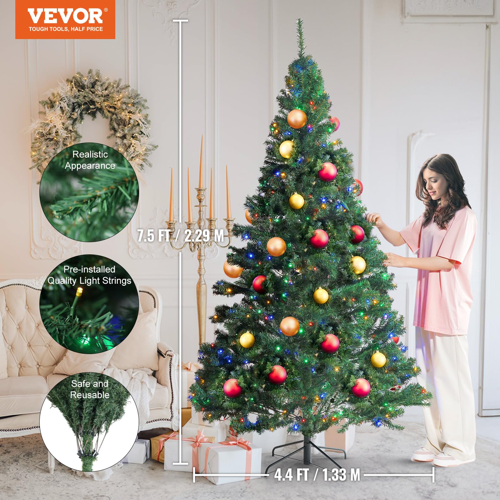 VEVOR Christmas Tree, 7.5ft Prelit Artificial Xmas Tree, Full Holiday ...