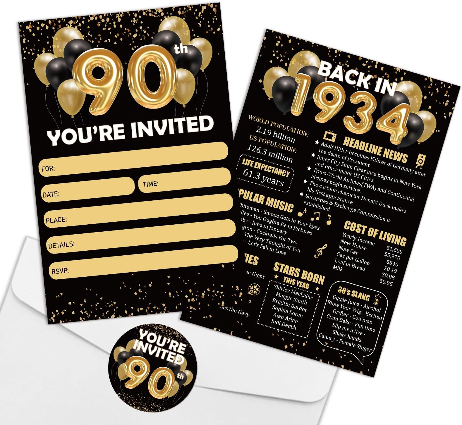 Amazon.com : 90th Birthday Invitation Cards with Envelopes - Classic ...