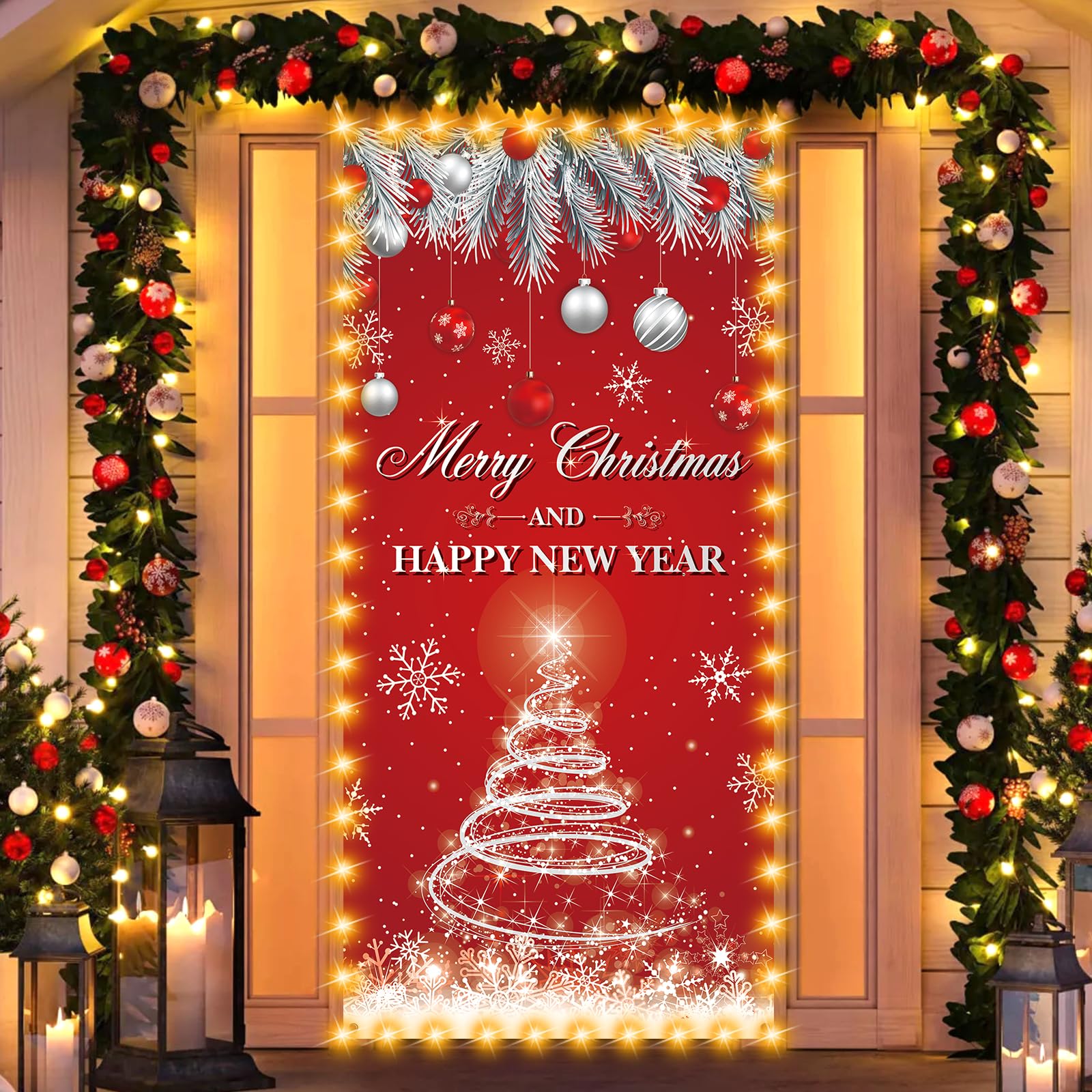 Amazon.com: Christmas Door Cover with LED Lights Red Happy New Year ...