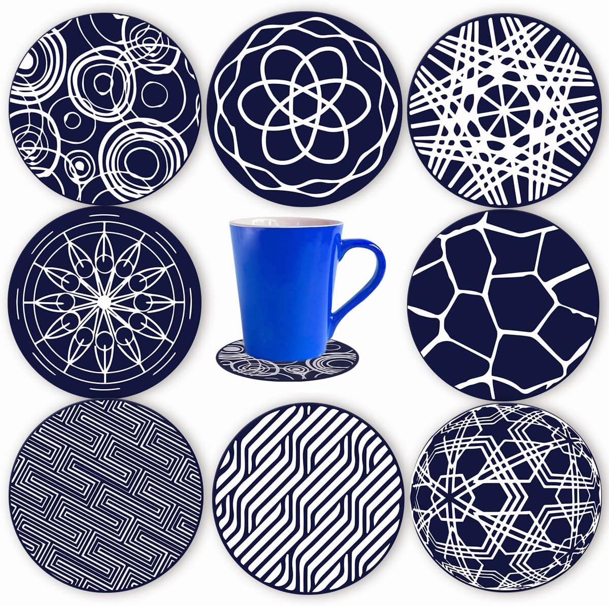 Drink Coasters Set of 8, 10cm Blue Silicone Round Coasters, Mug Mat Cup ...